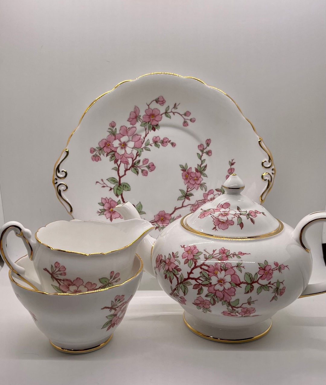 Pink Vintage Tea Set, Teapot, Creamer,sugar and Serving Plate, Pink ...