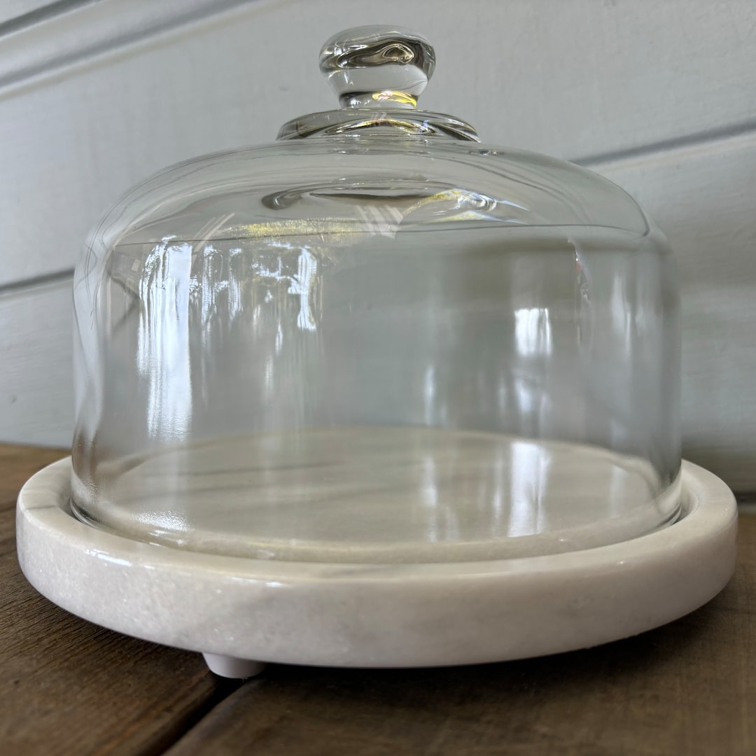 VINTAGE Good Wood Cloche Small White Gray Marble Glass Dome Cover Lid ...