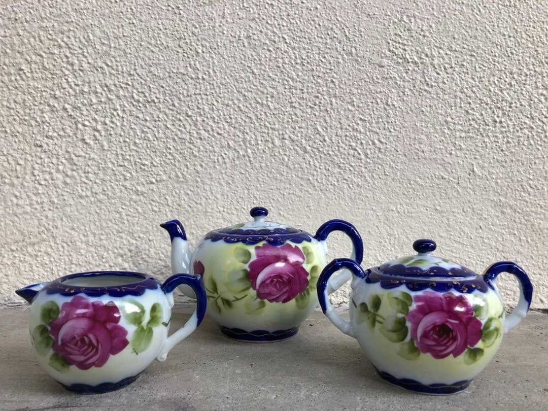 VINTAGE Nippon 3 Piece Matching Hand Painted Tea Set Teapot Sugar Bowl ...