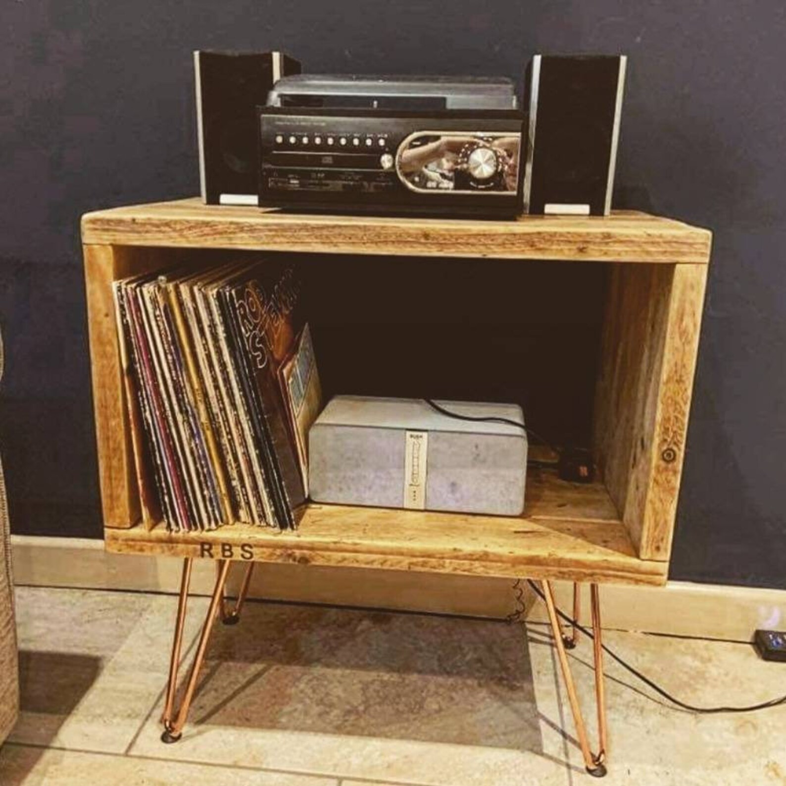 Record Player Unit Rustic Wooden Side Table With Hairpin - Etsy UK