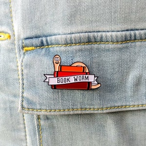 Book Enamel Pin - Bookworm Enamel Pin - Book Worm Lapel Pin - Reading ...