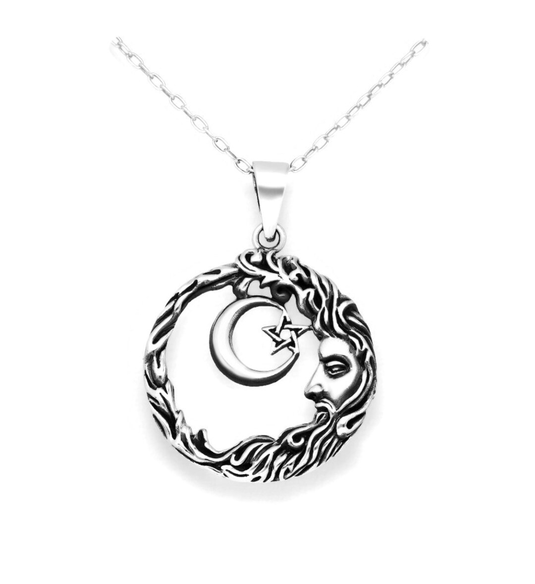 Man in the Moon With Pentagram, Sterling Silver Crescent Moon, Pagan ...