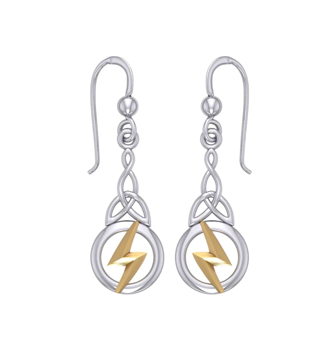 Gold Lightning Bolt Trinity Knot Earrings, Energy Power Strength ...