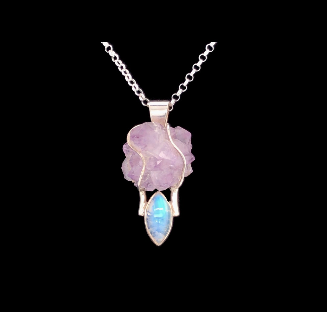 Raw Amethyst and Moonstone Pendant, Blue Flash Moonstone, One of a Kind ...