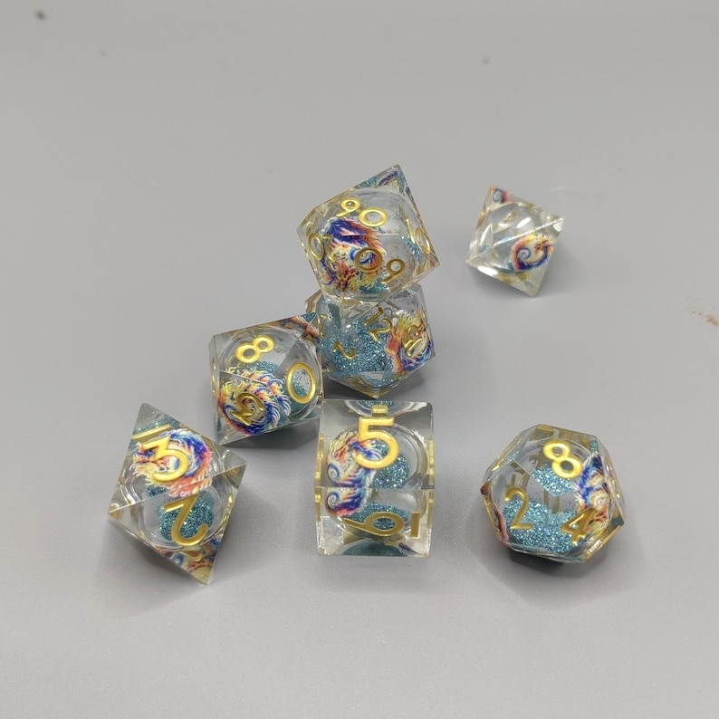 Celestial Dragon Liquid Core Dice Set – Handmade Sharp Edge Resin Dice ...