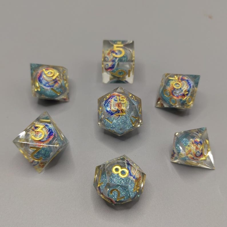 Celestial Dragon Liquid Core Dice Set – Handmade Sharp Edge Resin Dice ...