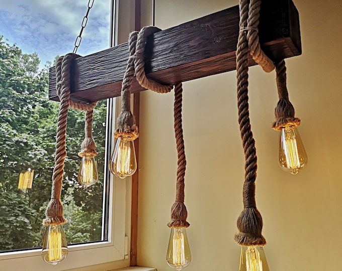 Rope Pendant Light - Rope Light Beam - Wood Ceiling Chandelier ...