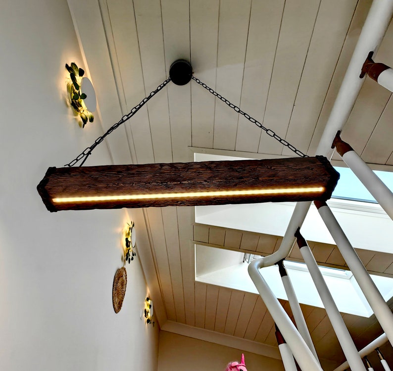 Rustic Wooden Beam Chandelier, Indoor Farmhouse Pendant Lamp With LED ...