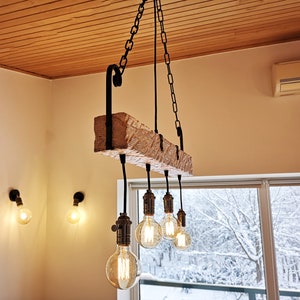 Rustic Wood Chandelier | Oak Farmhouse Lighting Fixture | Wooden Beam ...