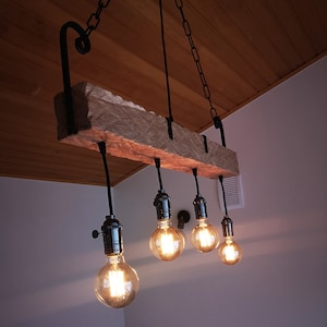 Rustic Wood Chandelier | Oak Farmhouse Lighting Fixture | Wooden Beam ...