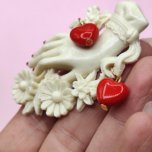 Ivory Resin Victorian Hand Brooch With Dangling Hearts-brooch Inspired ...