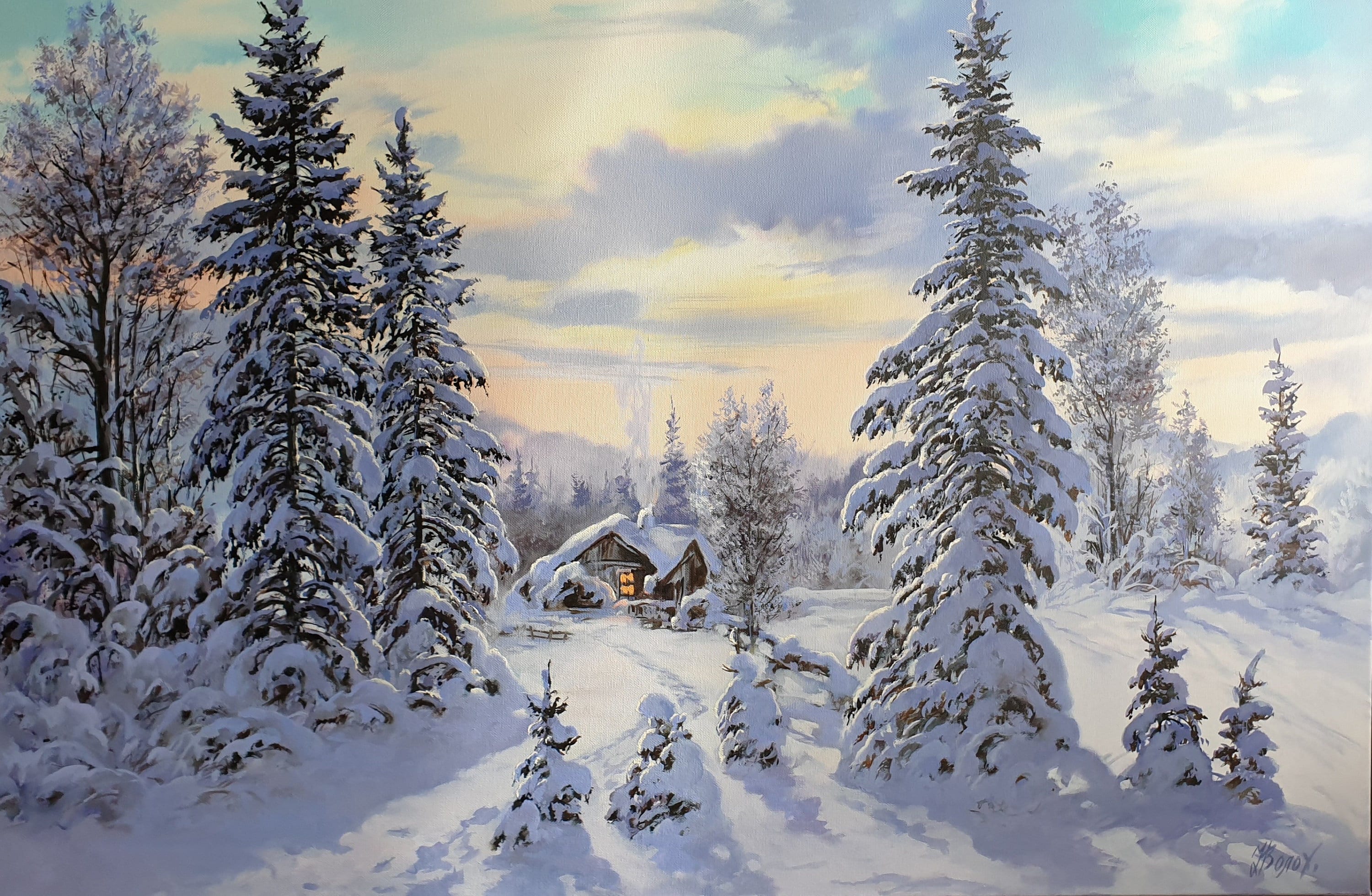 Winter Village Winter Oil Painting Winter Landscape Art Snow Forest ...