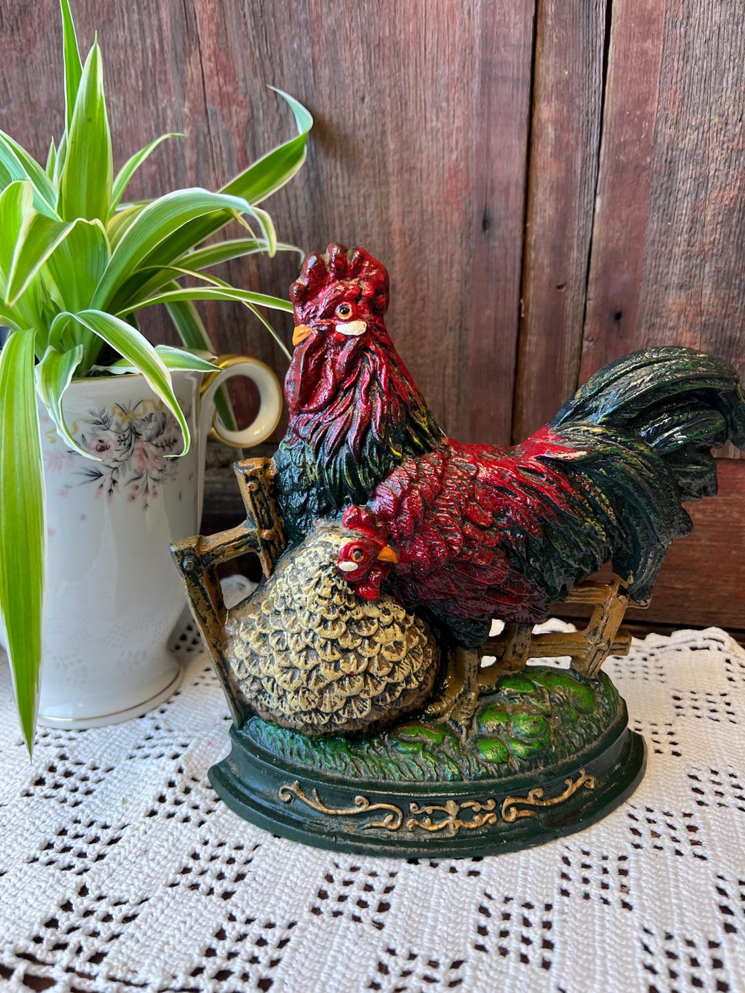 Vintage 8” Heavy Cast Iron Rooster and Chicken Doorstop/bookend Country ...