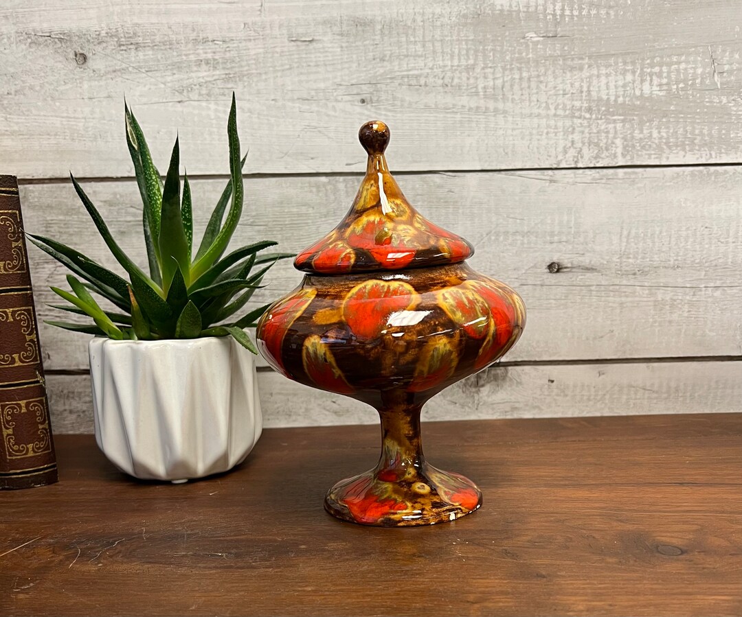 Vintage 1977 Ceramic Candy Jar Lid Footed Brown Orange Handmade Signed ...