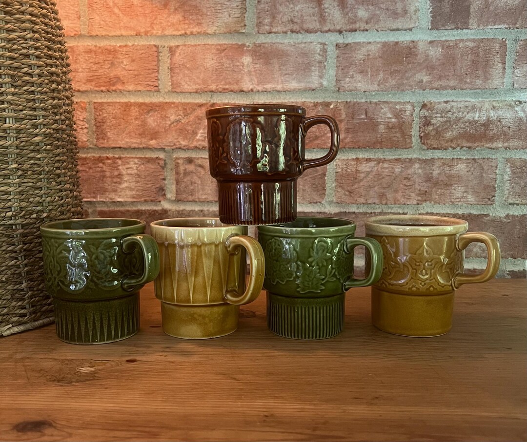 5 Mix & Match Green/brown/tan Stackable Mugs Japan, Retro Coffee Mugs ...