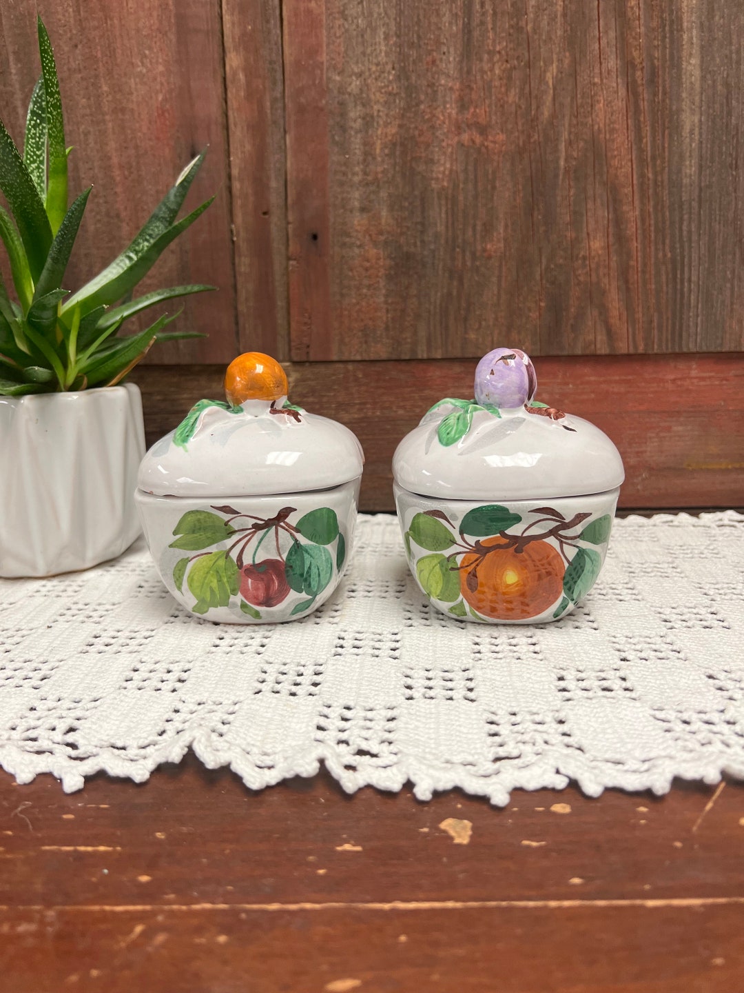 Vintage Italian Hand-painted Majolica Pottery, Two Jam Pots With Molded ...