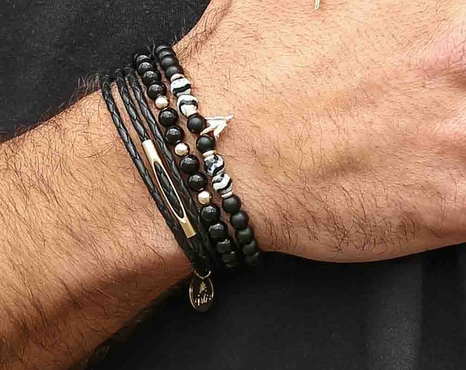 Men's Beaded Bracelet Set, Men's Leather Bracelet, Men's Cuff Bracelet ...