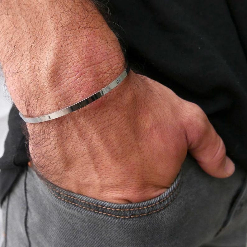 Men's Silver Cuff Thin Bracelet for Men Man Cuff - Etsy