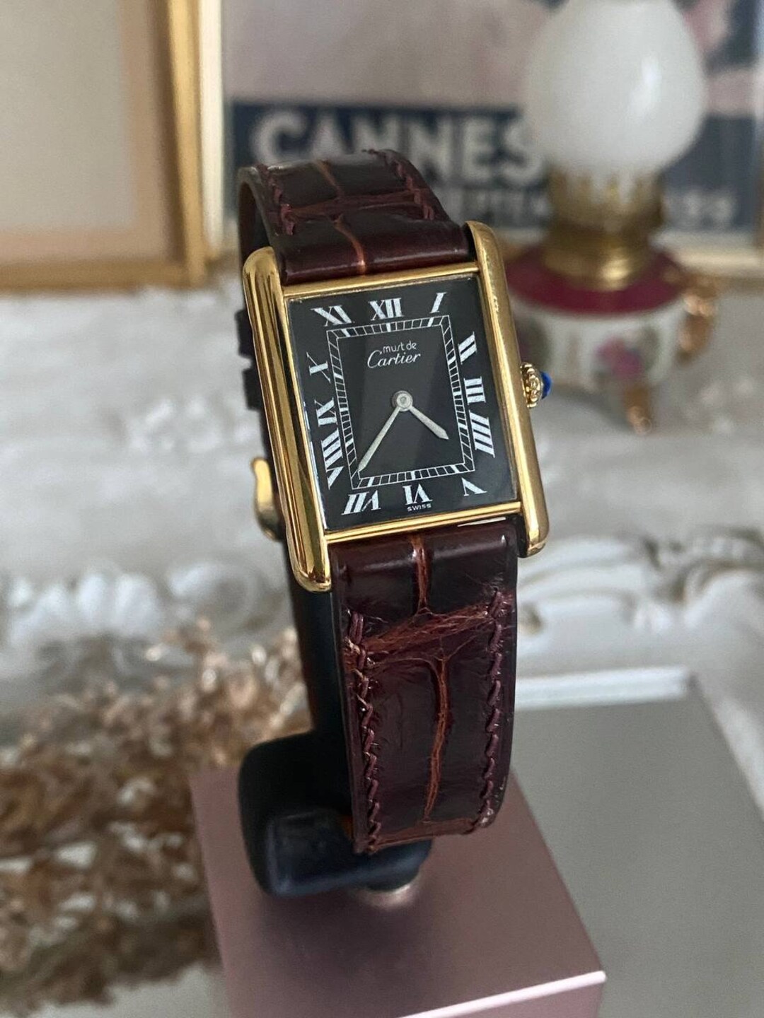 Cartier Tank Black Roman Dial Manual Wind Watch With Box - Etsy