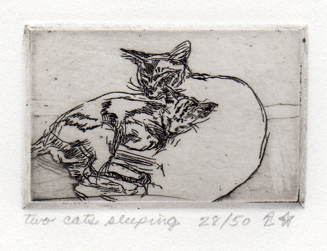 Two Cats Sleeping - Original Limited Edition Etching by Alan Larkin - Etsy