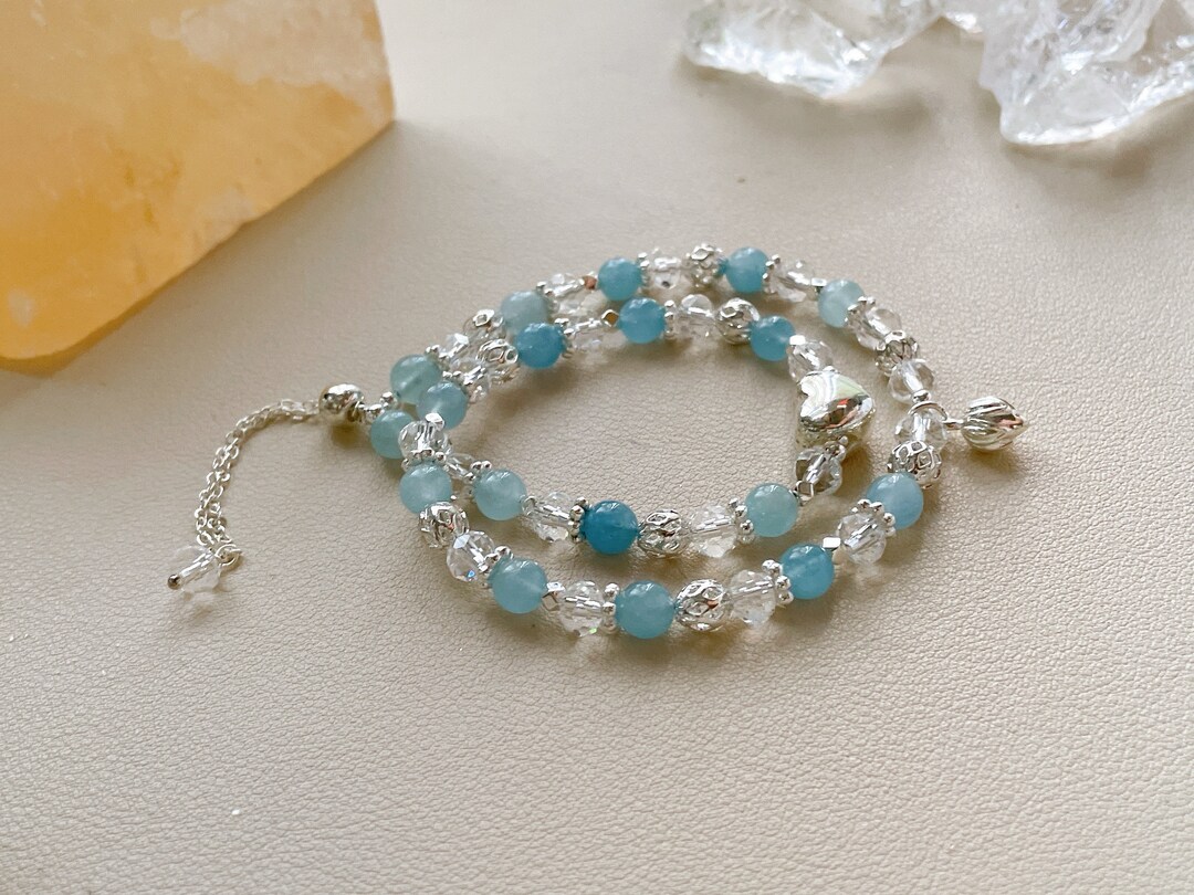 Healing Energy Aquamarine Crystal Wrap Bracelet, Inner Power Strength, Reduce Stress, Beaded ...