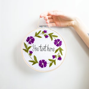 Custom Embroidery Hoop Art Purple Flowers Wreath Personallized Wall ...