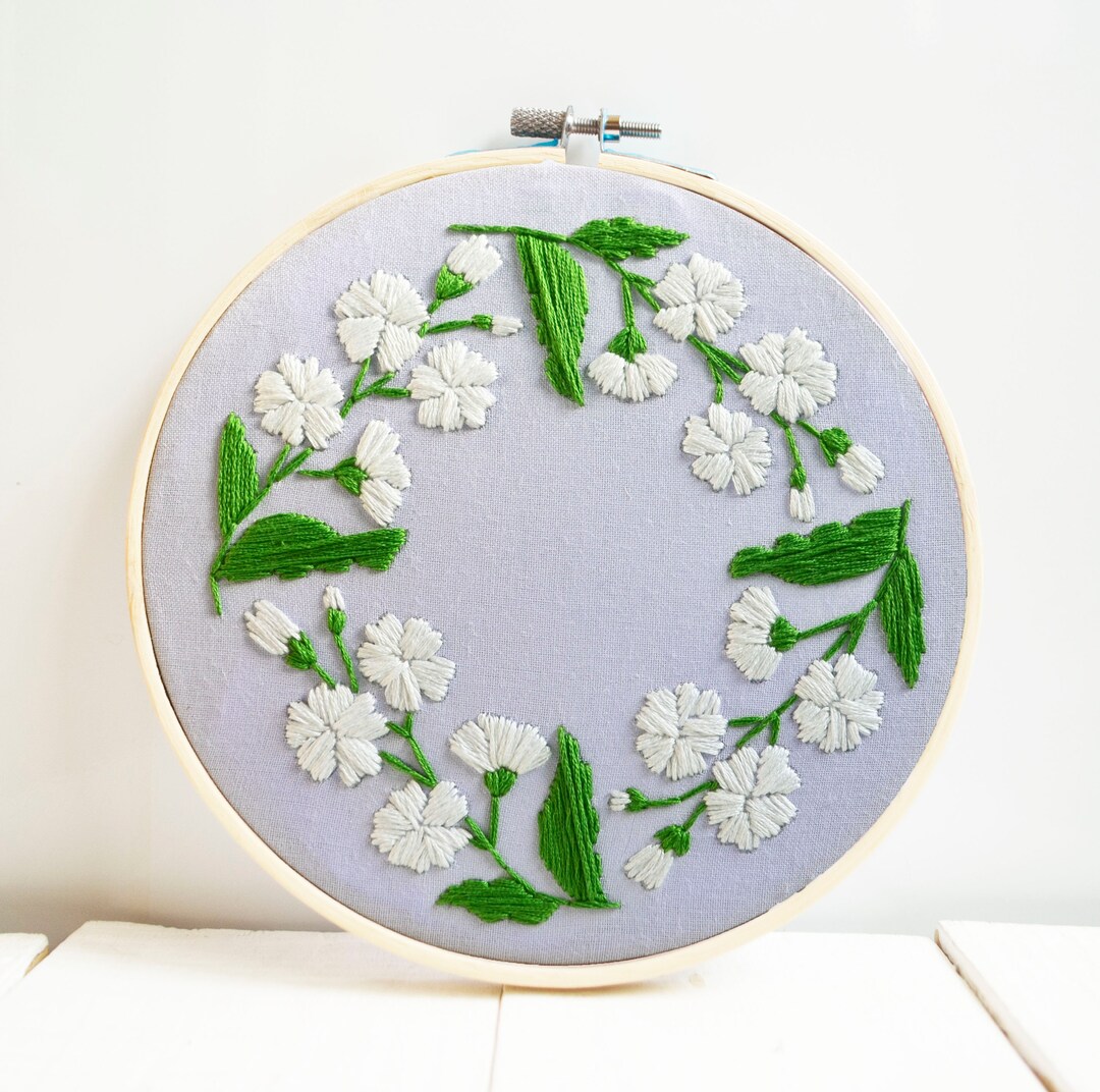 White Flowers Wreath Embroidery Hoop Art Floral Hand Embroidered Flower ...