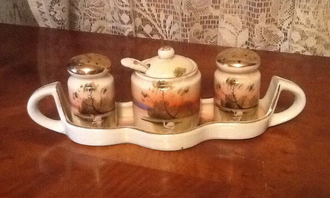 Antique Nippon Condiment Set Salt & Pepper Sugar Jar W/tray - Etsy
