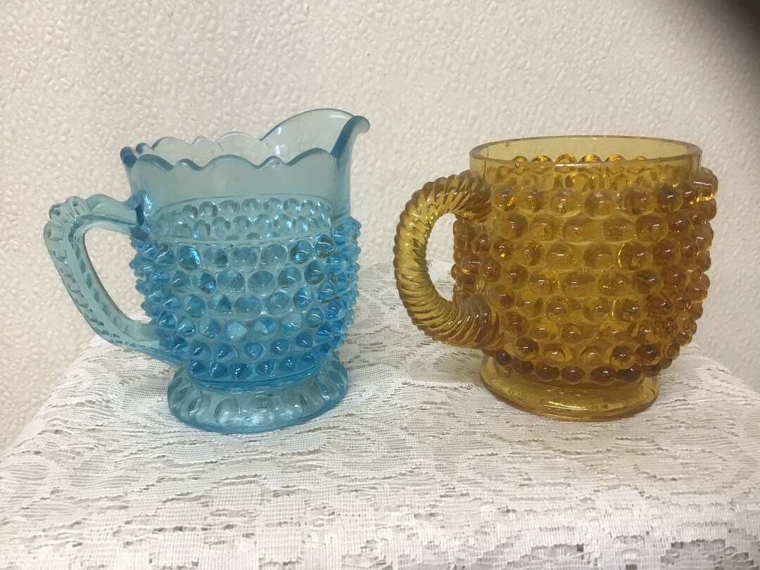 Two Fenton Creamer Pitchers Blue & Amber Glass French Hobnail Pattern ...