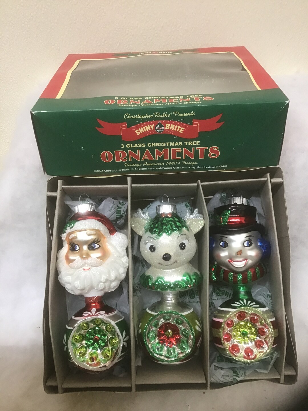 Christopher Radko Shiny Brite Glass Indent Christmas Ornaments Santa ...