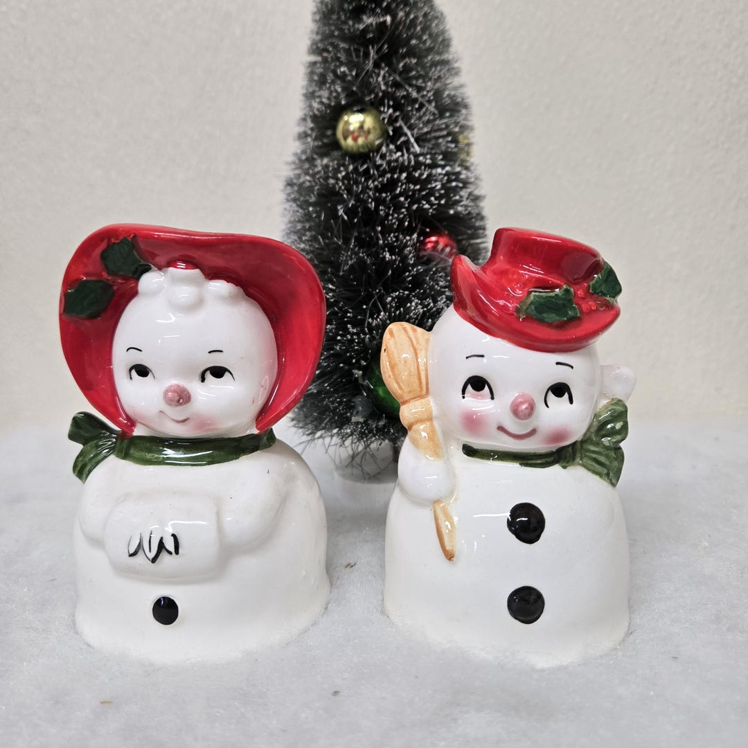 Lefton Snowmen Bells Boy & Girl Christmas Figurines MCM Holiday Decor ...