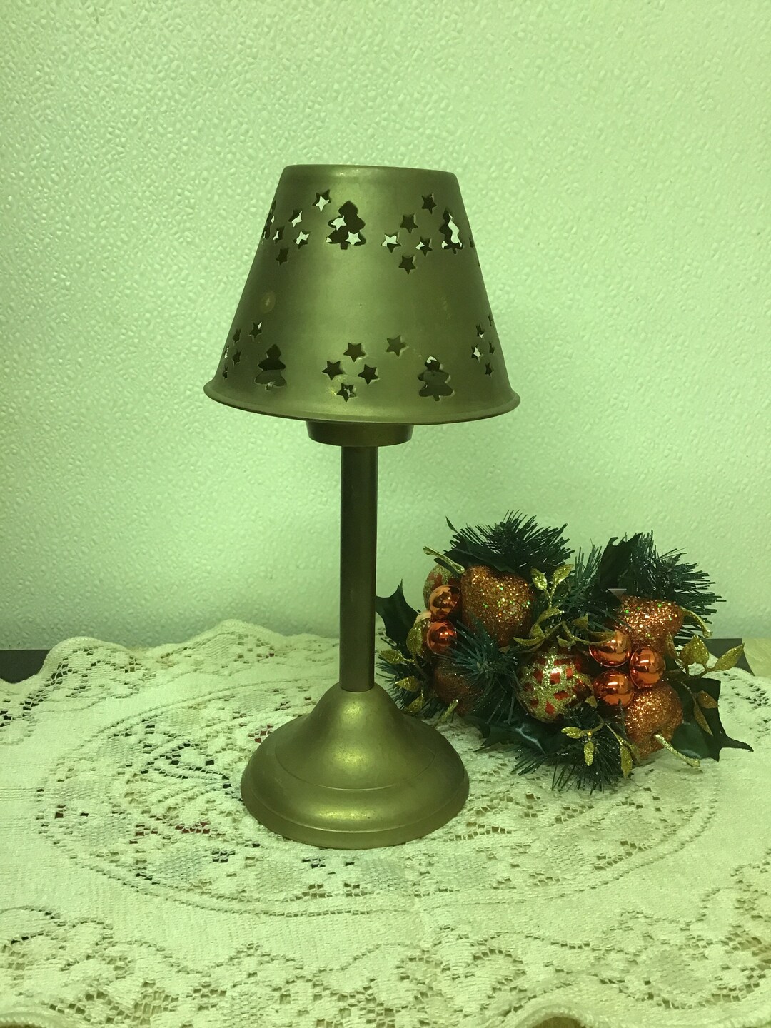 Christmas Candle Lamp Brass Trees & Stars Cutout Shade Country ...