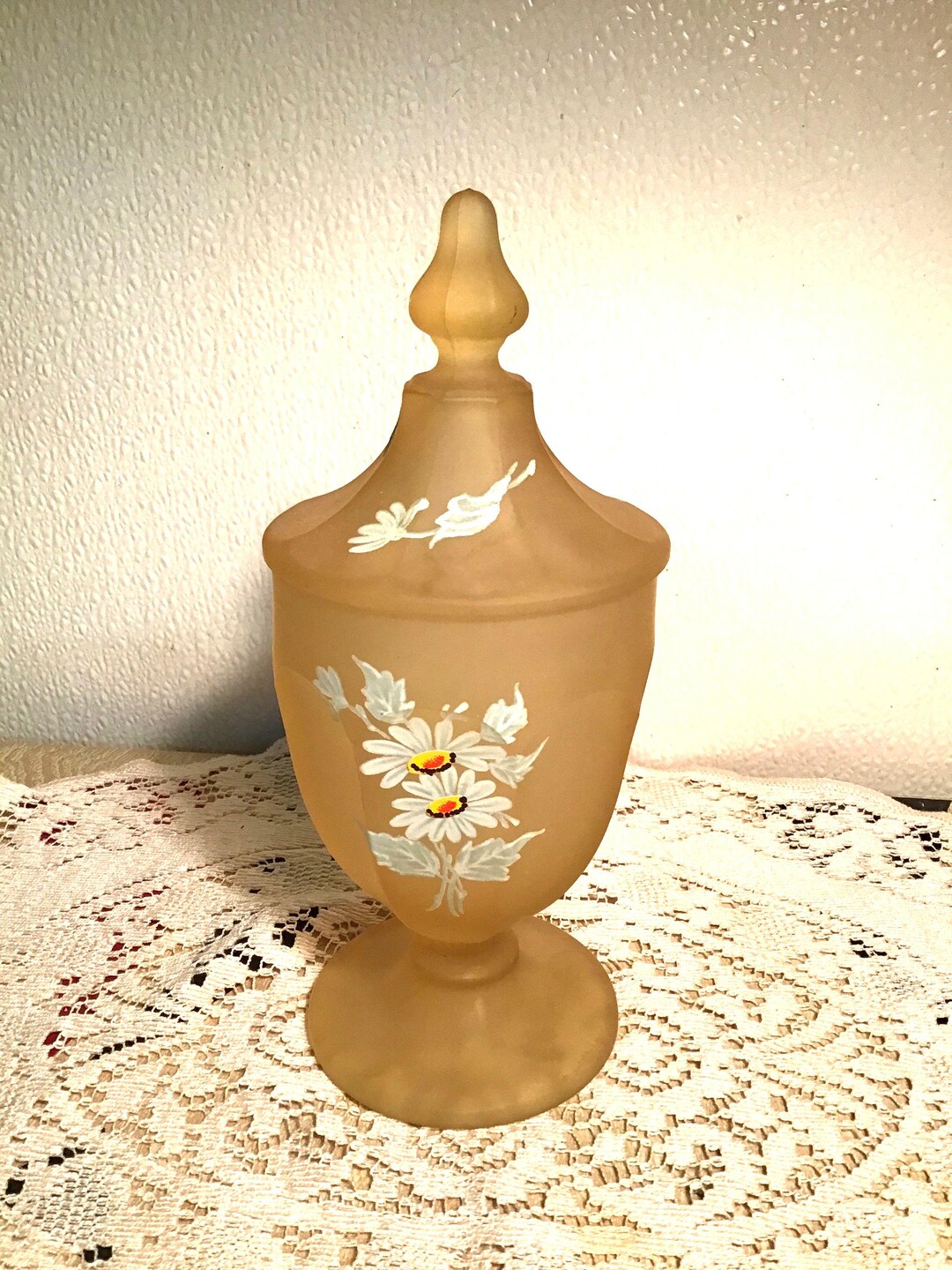 Westmoreland Yellow Mist Glass Compote Hand Painted Daisies Covered ...