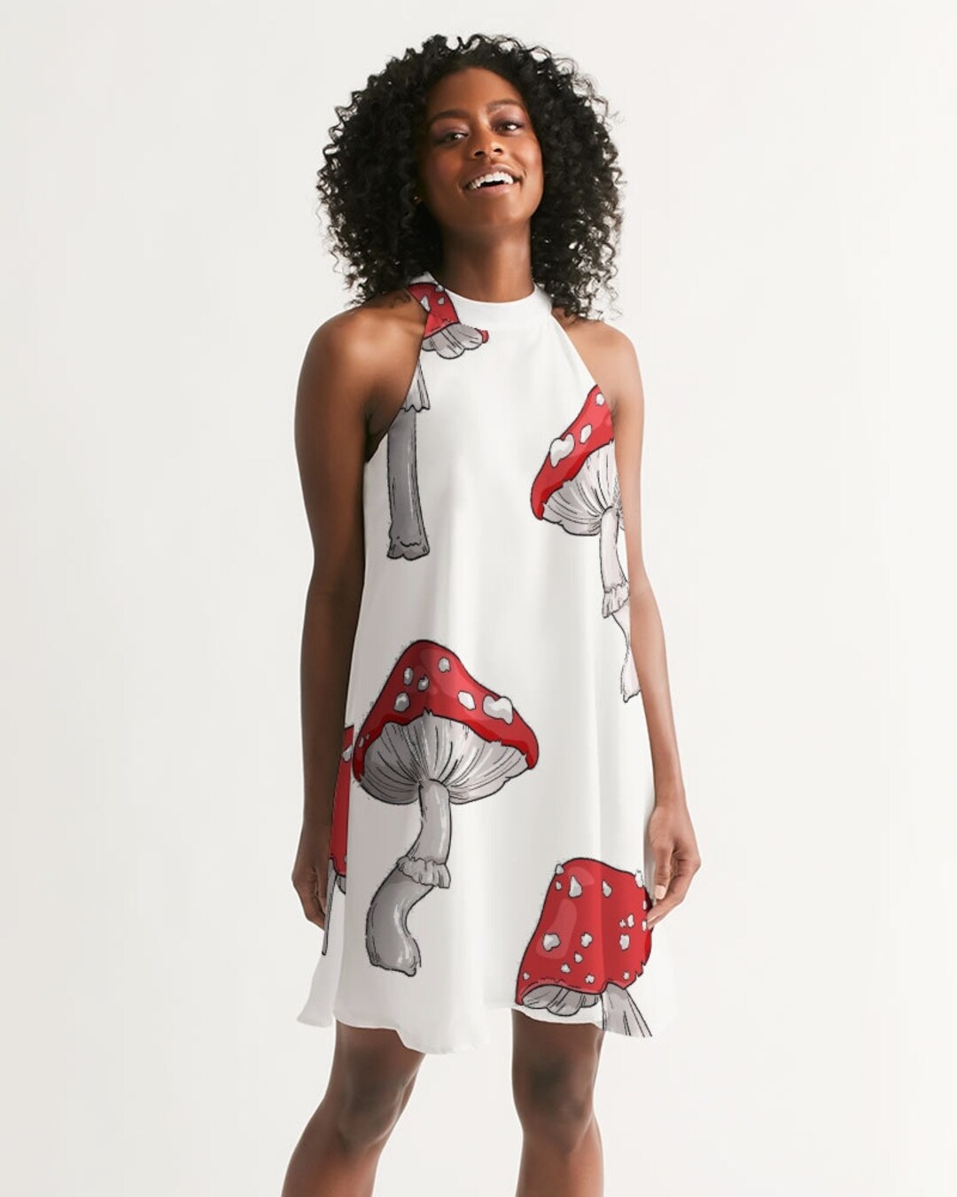 Women's Halter Dress - Illustrated Red Amanita - Christmas Mushroom ...