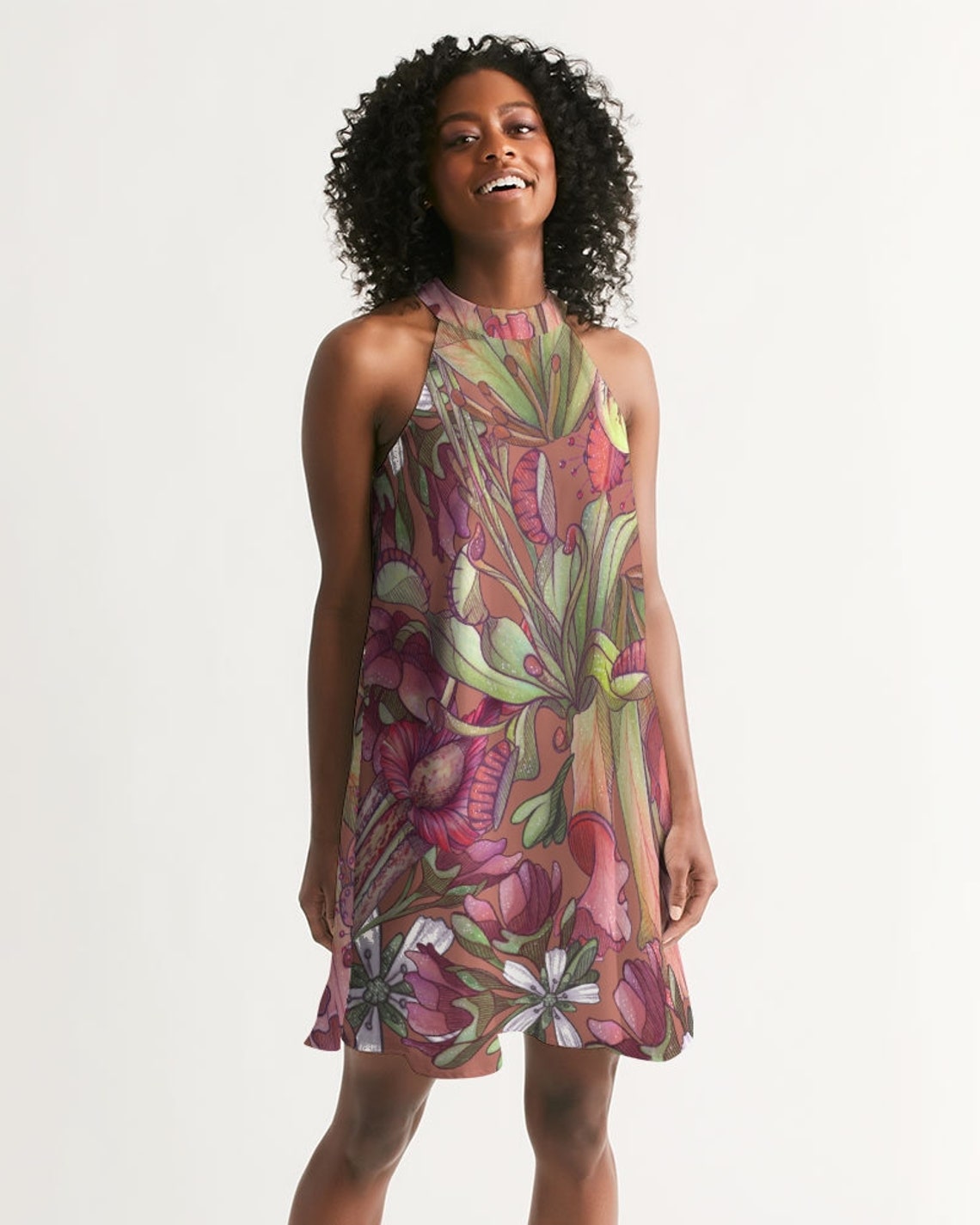 Women's Halter Dress - Carnivorous Plants - Knee Length Floral ...