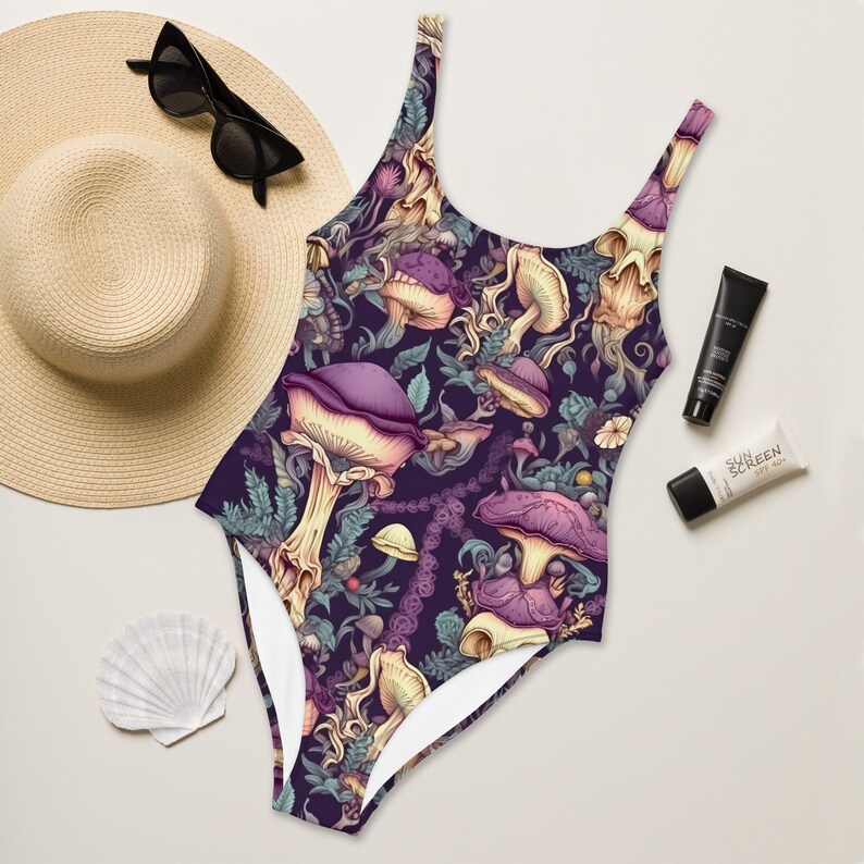 One-piece Swimsuit - Dark Floral Mushrooms - Modest Beach - Scoop Neck ...