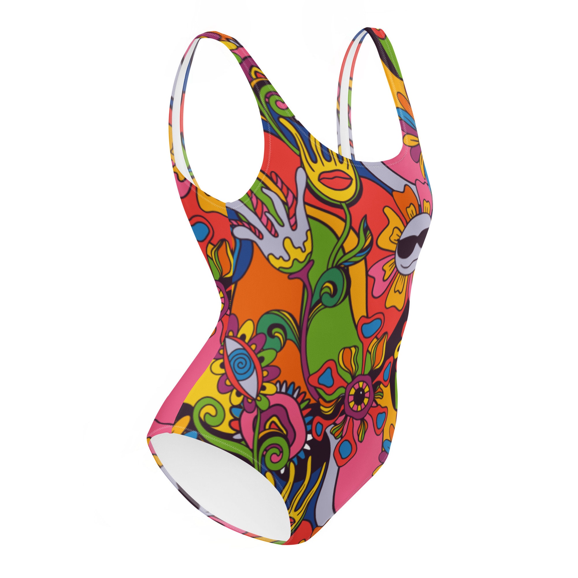 One-piece Swimsuit - Y2K Smiley Face - Funky 70's Psychedelic Pattern ...