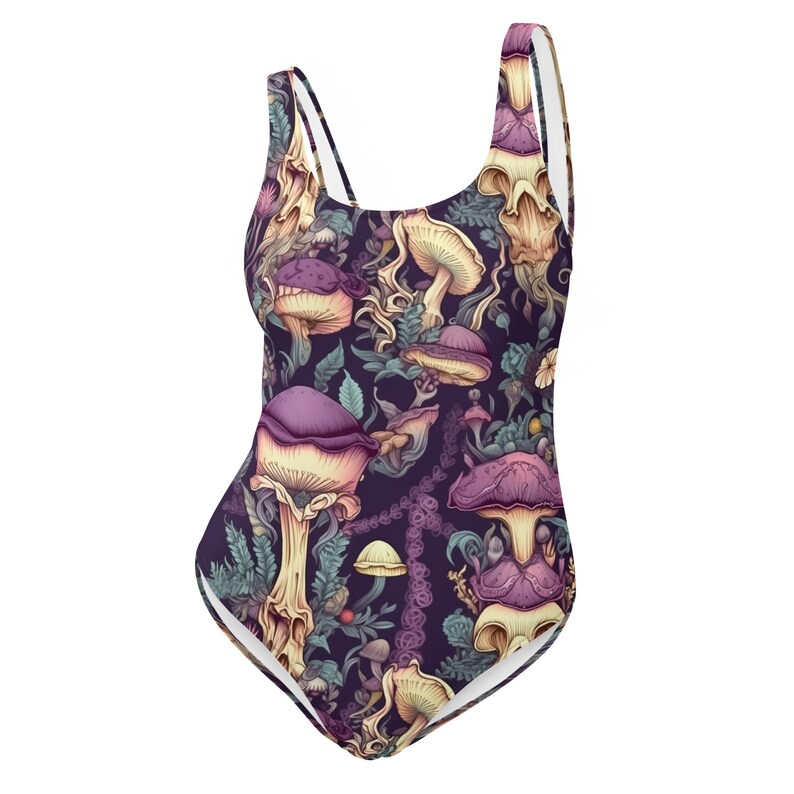 One-piece Swimsuit - Dark Floral Mushrooms - Modest Beach - Scoop Neck ...