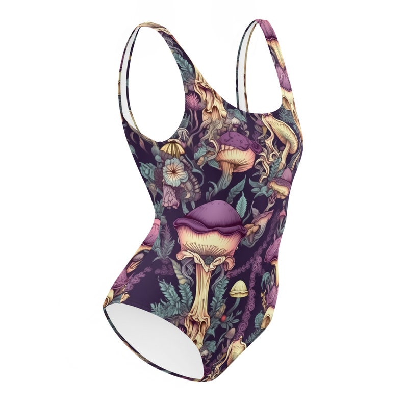 One-piece Swimsuit - Dark Floral Mushrooms - Modest Beach - Scoop Neck ...