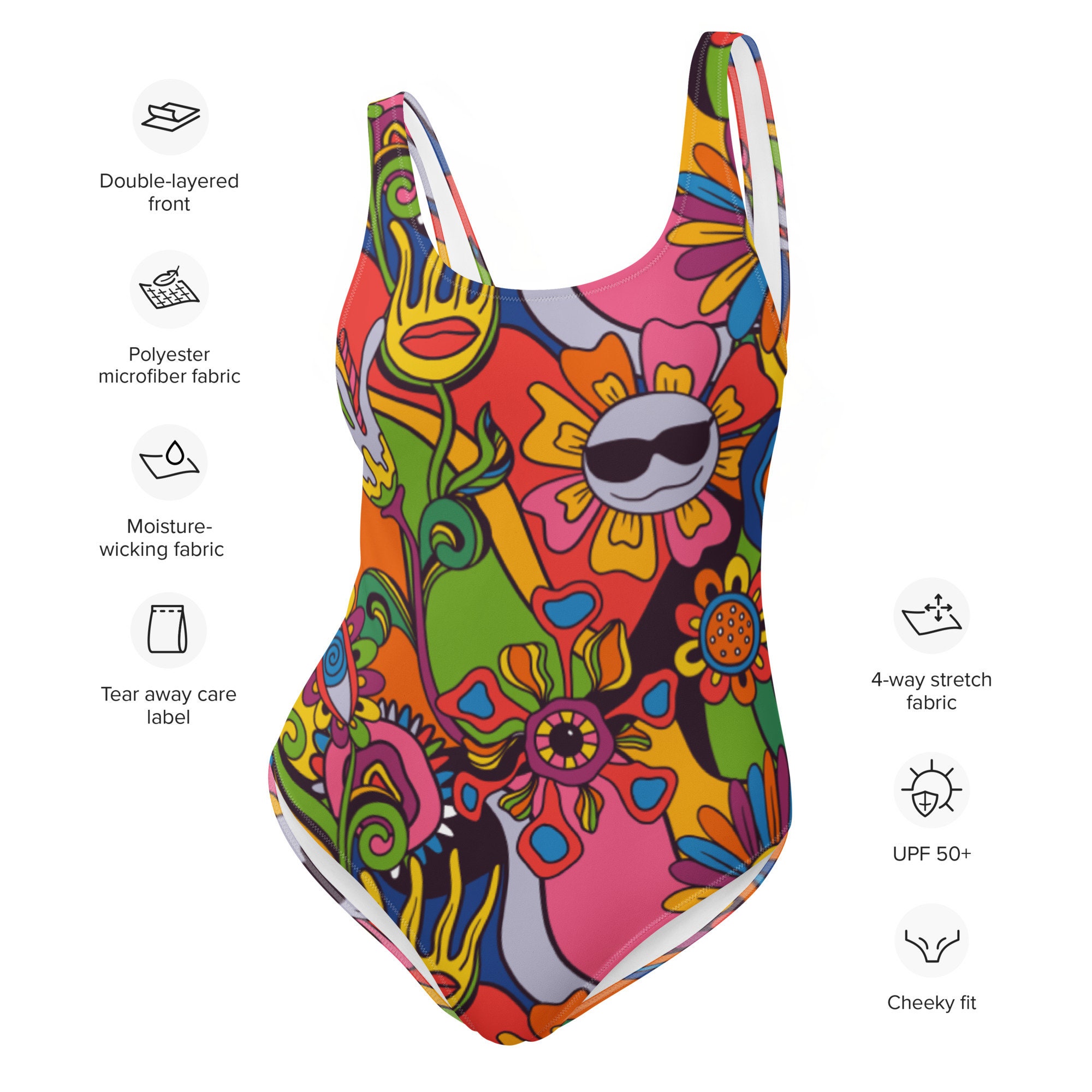 One-piece Swimsuit - Y2K Smiley Face - Funky 70's Psychedelic Pattern ...
