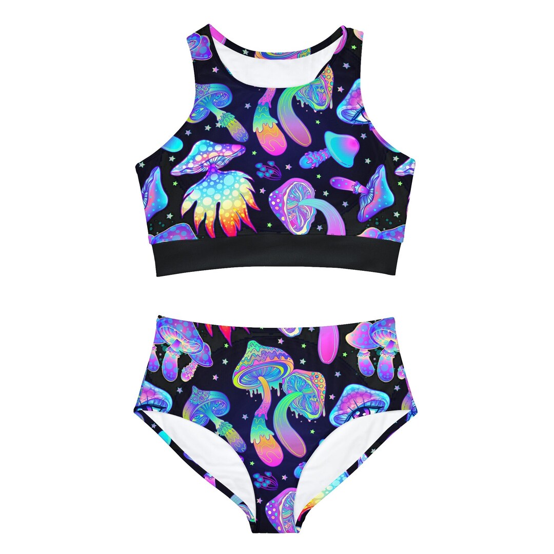 Sporty Bikini Set Trippy Black Swimwear Magic Mushroom Two-piece Women ...