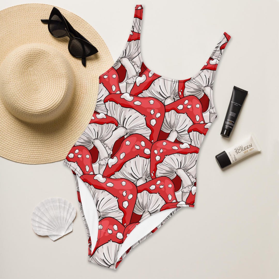 One-piece Swimsuit - Amanita Mushrooms - Psychedelic Pattern - Summer ...