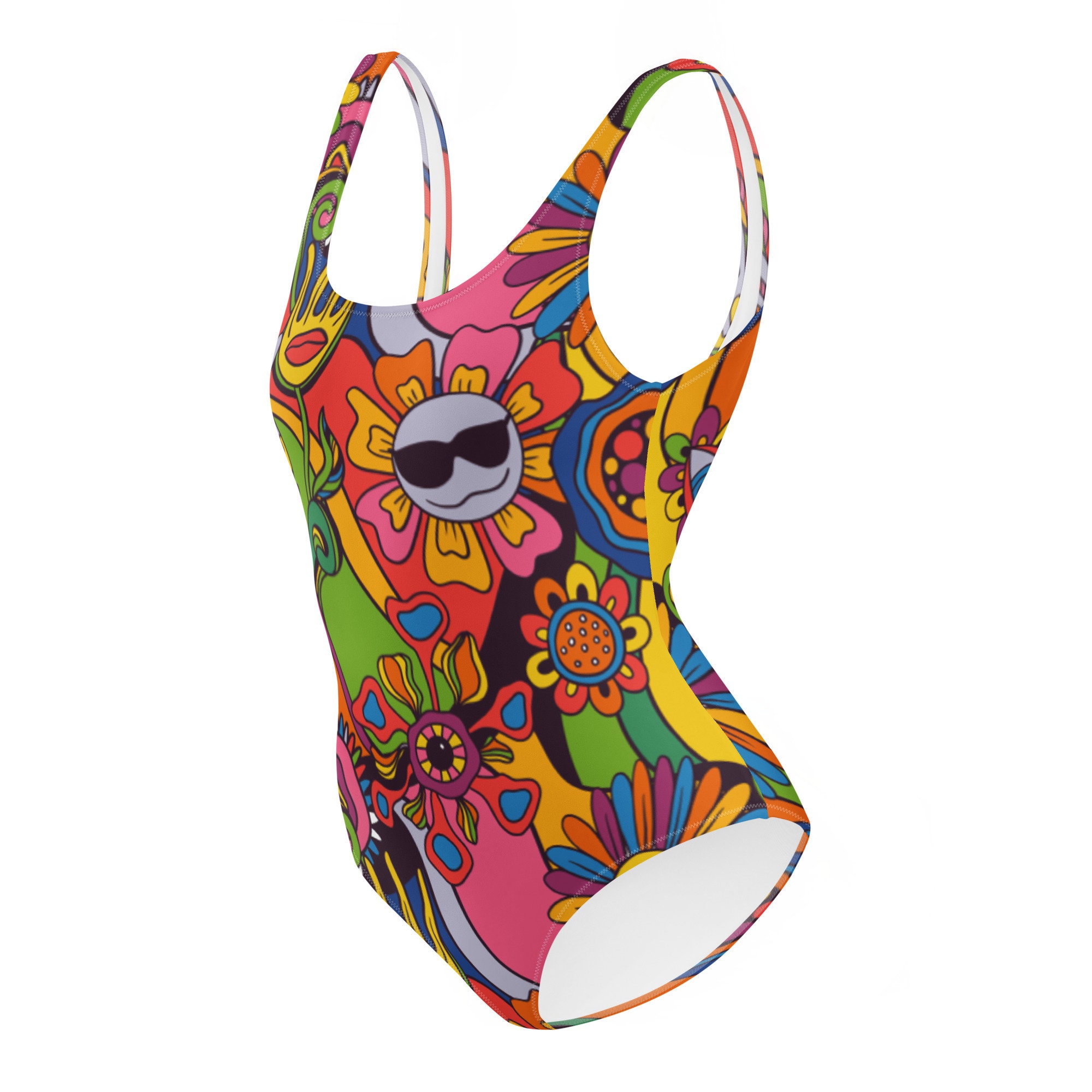 One-piece Swimsuit - Y2K Smiley Face - Funky 70's Psychedelic Pattern ...