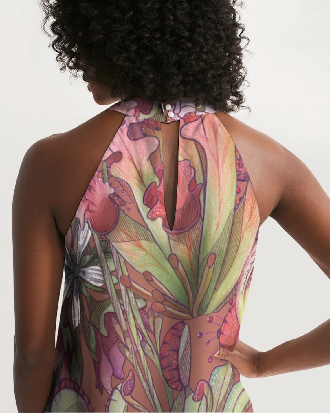 Women's Halter Dress - Carnivorous Plants - Knee Length Floral ...