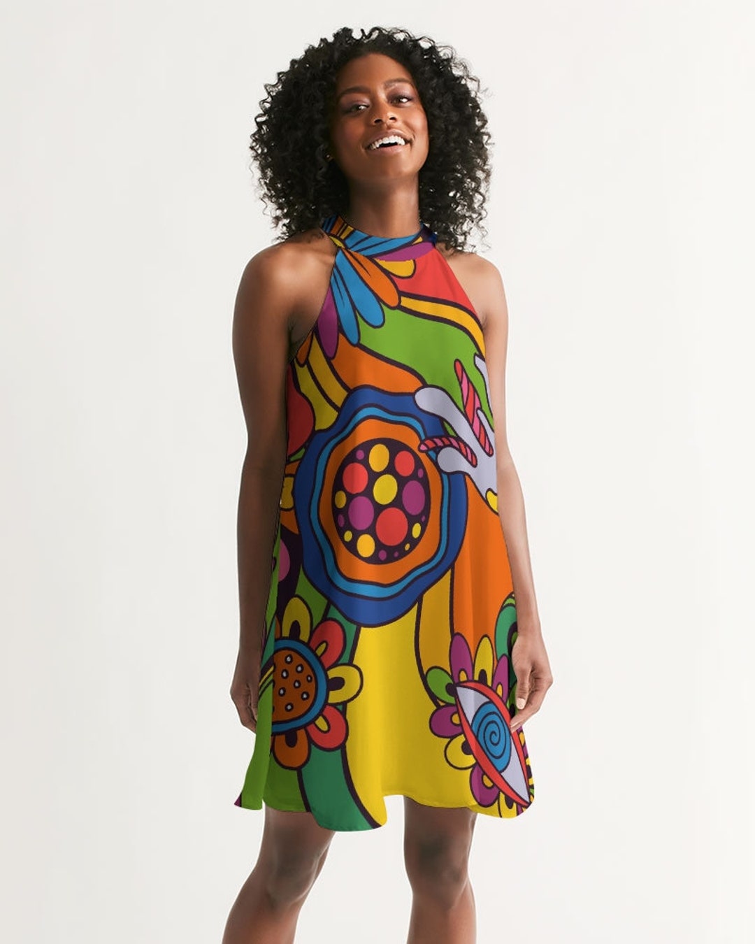 Women's Halter Dress - 70's Disco Dress - Trippy Summer - Colorful High ...