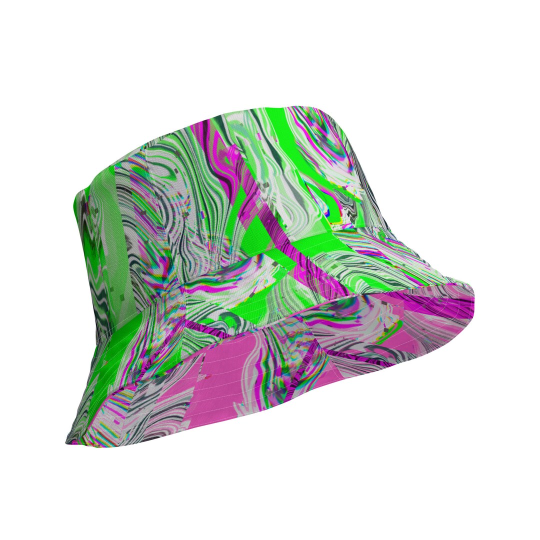 Reversible Bucket Hat - Neon Green & Pink Glitch - Trippy Visuals ...