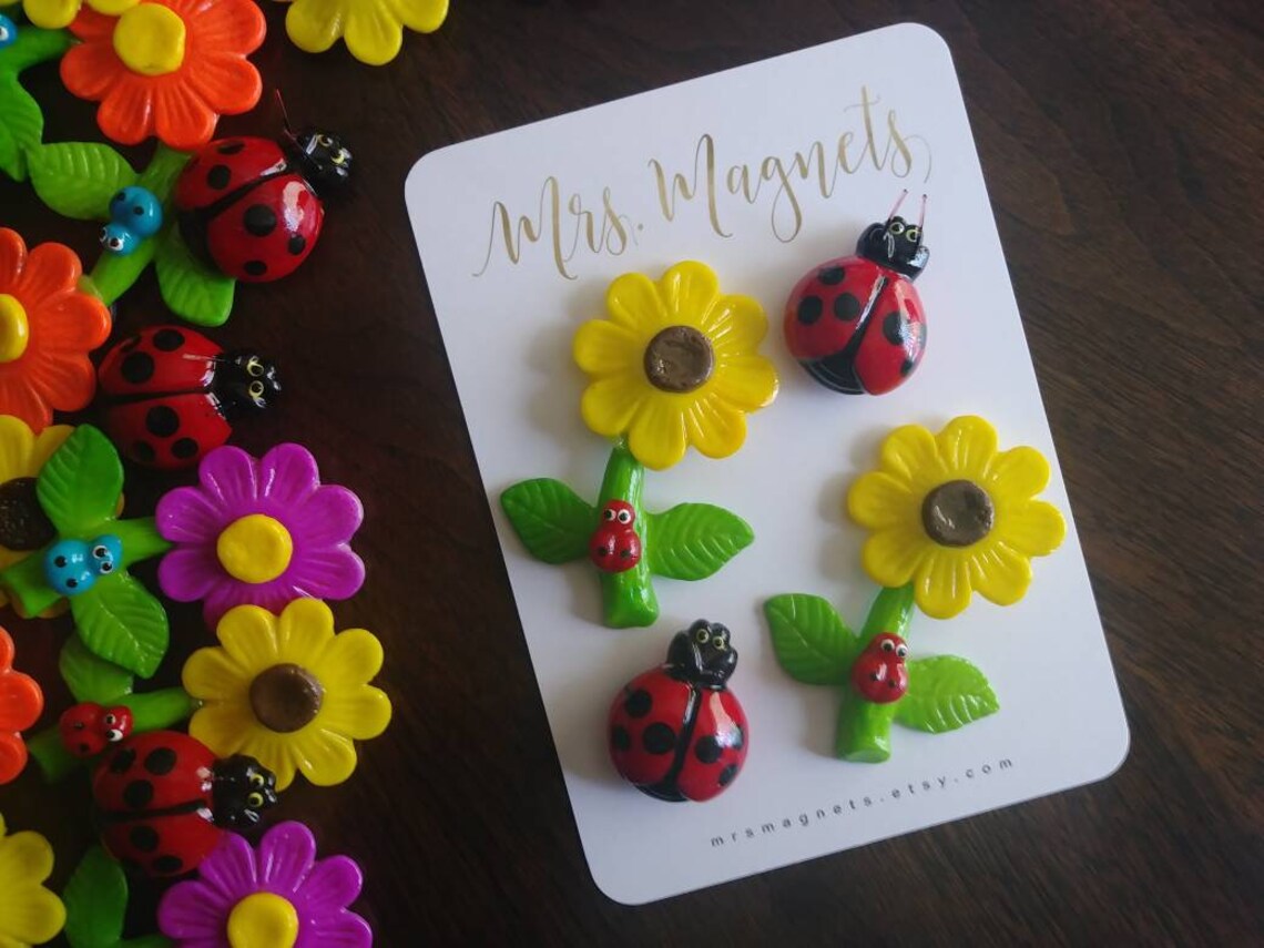 Flower/ladybug Magnets-set of 4-fridge Magnets-decorative - Etsy