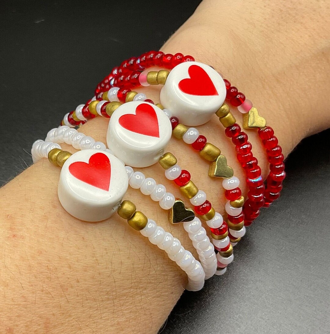 Red Heart Beaded Bracelet and Golden Glass Seed Bead. Ceramic Red Heart ...