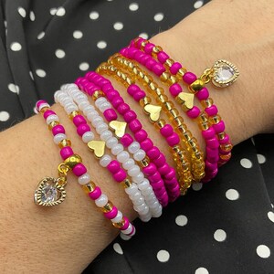 Valentines Day Dark Pink & Golden Heart Charm Stretch Bracelet. Czech ...