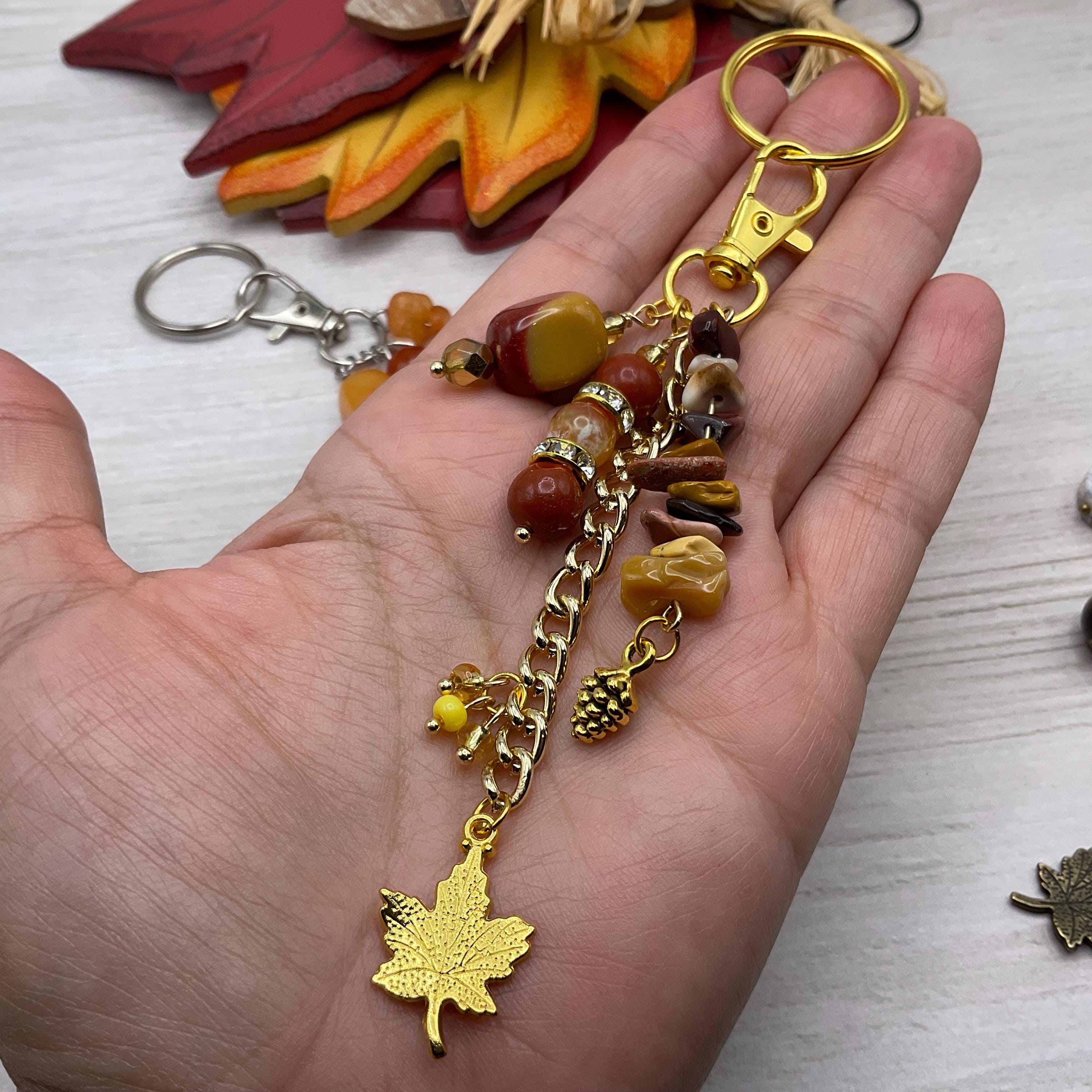 Autumn Keychain. Maple Leaf Key Ring. Handmade Beaded Fall Purse Charm ...